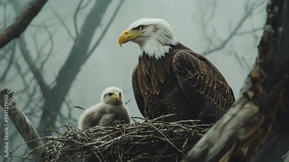 Bald Eagle Mother Protecting Her Eaglet in Nest Representing Avian ...