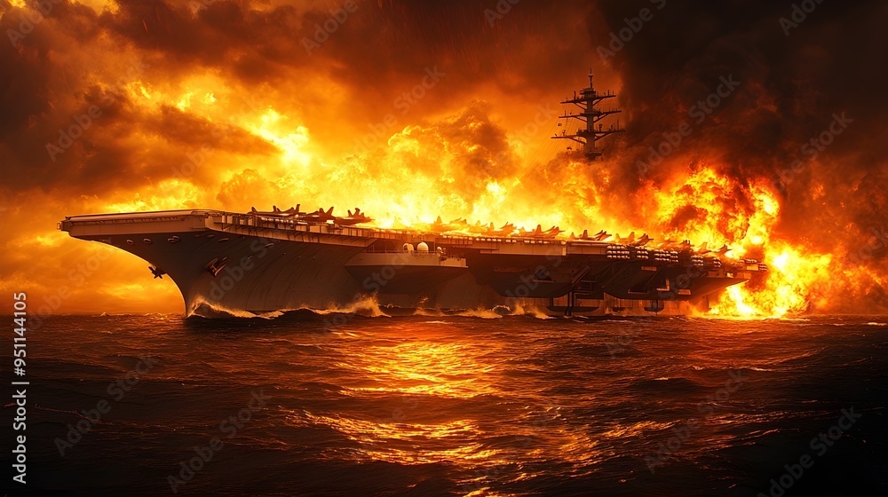 Aircraft carrier under siege as an airplane bursts into flames, the ...