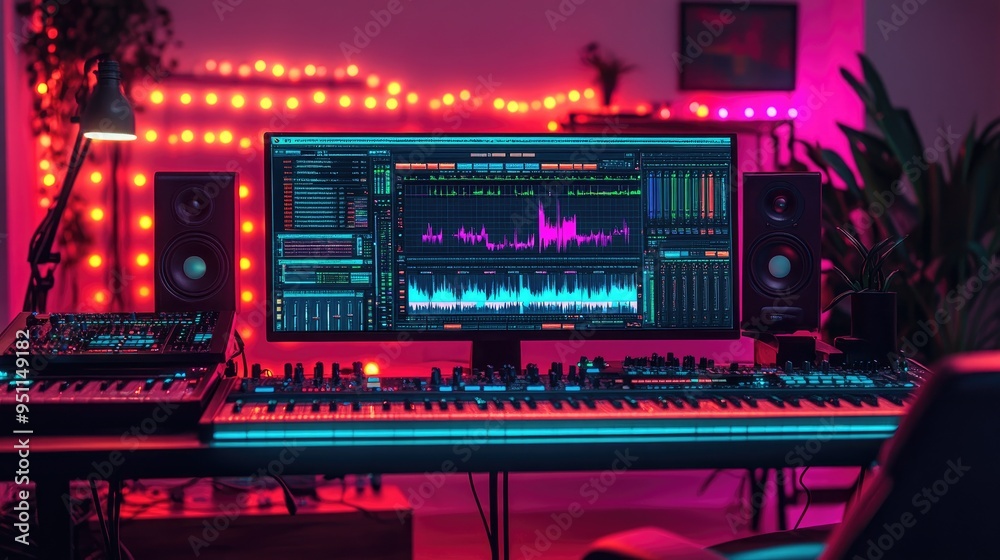 AI-enhanced music production software with real-time feedback, sleek ...