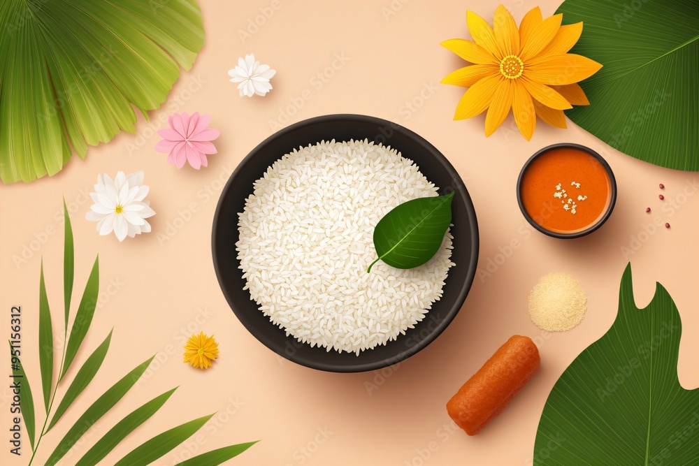 Onam food with sadhya rice on beige background. Traditional food ...