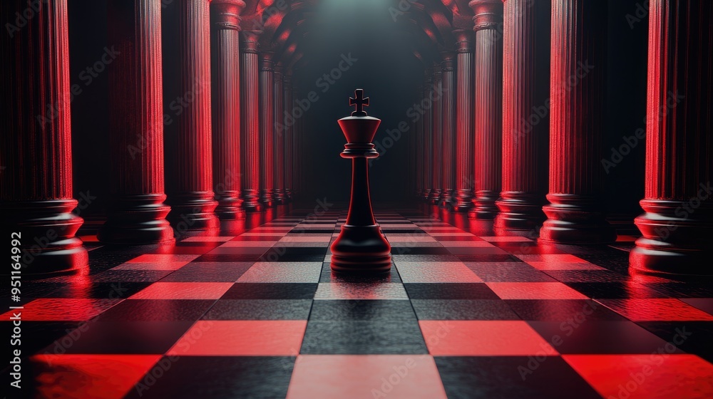 The black king chess piece stands tall on a giant chessboard ...