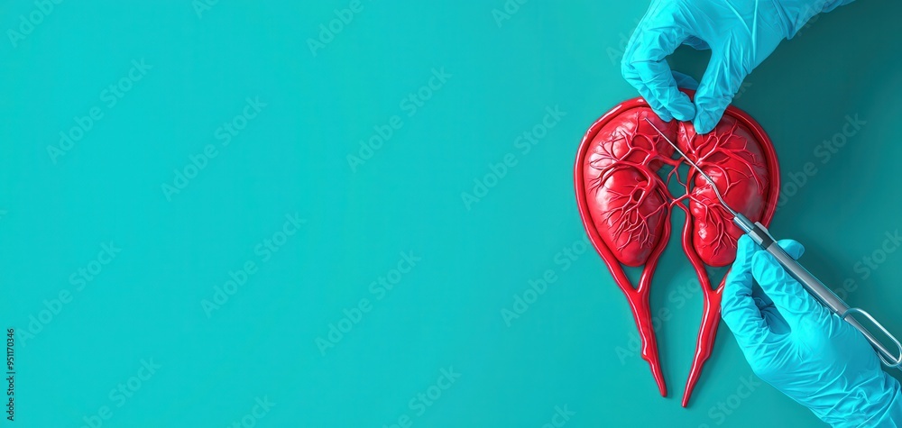 Medical professional conducting surgery on a model of human kidneys ...