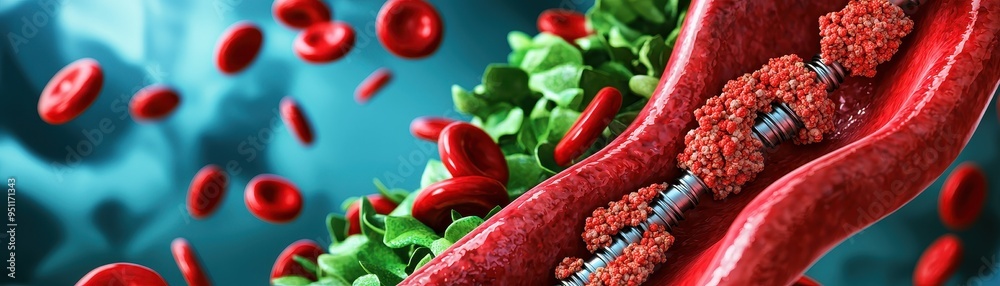 Medical illustration of blood flow and artery plaque, depicting ...