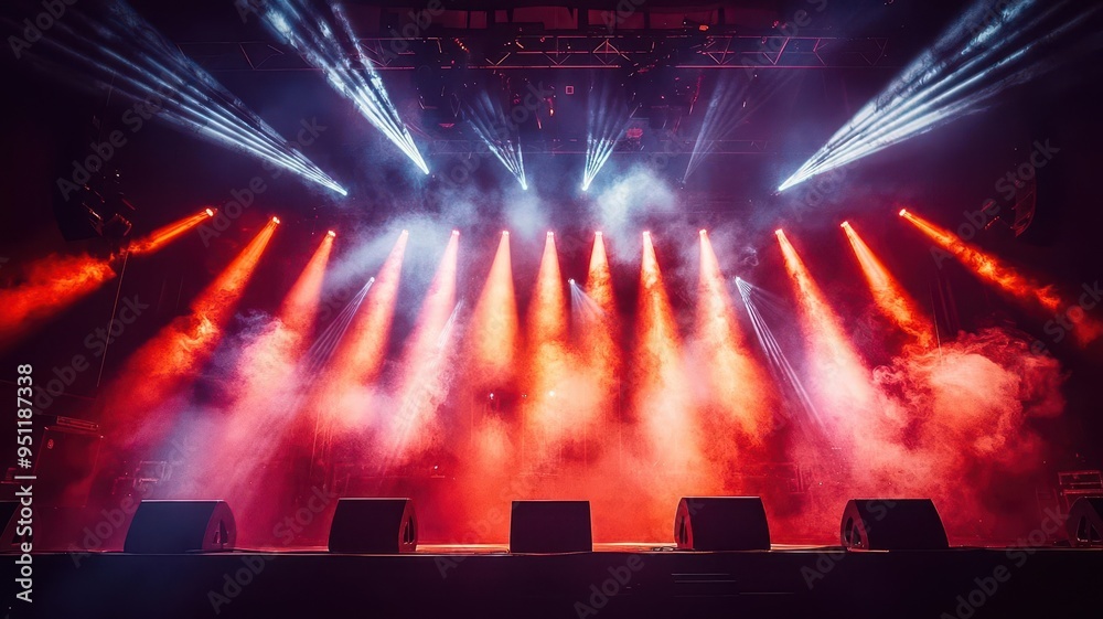 Concert stage with intense spotlights, light flares and smoke effects ...