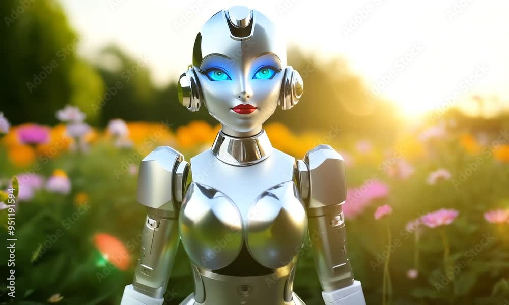 Female AI robot talks, looks at camera. Realistic 3D computer generated ...