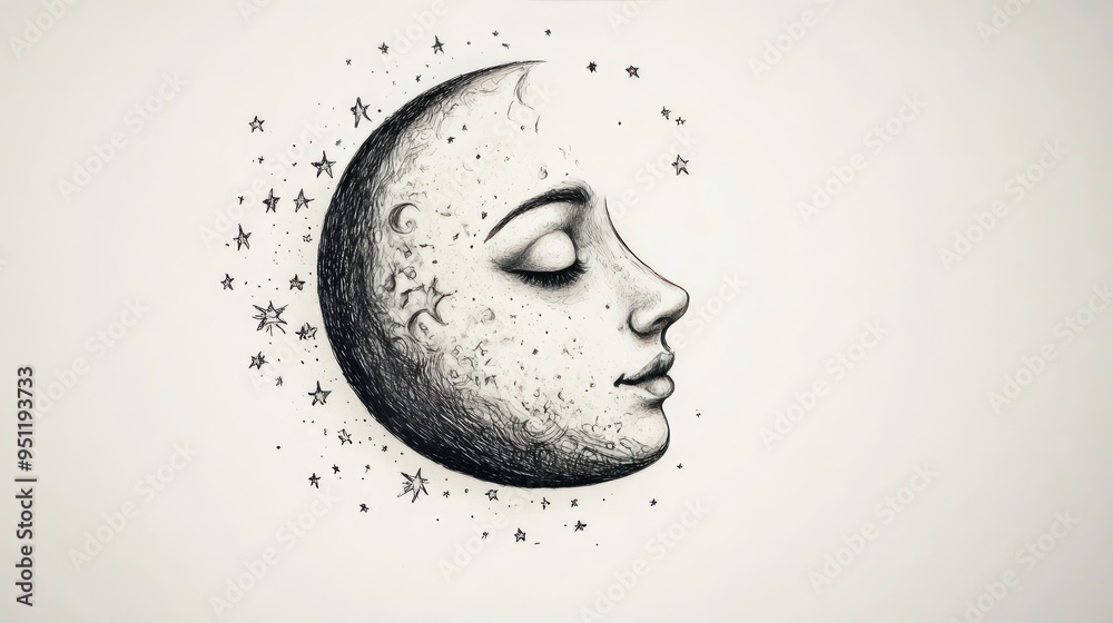 A hand drawn moon with a face, surrounded by stars, sketched in a ...