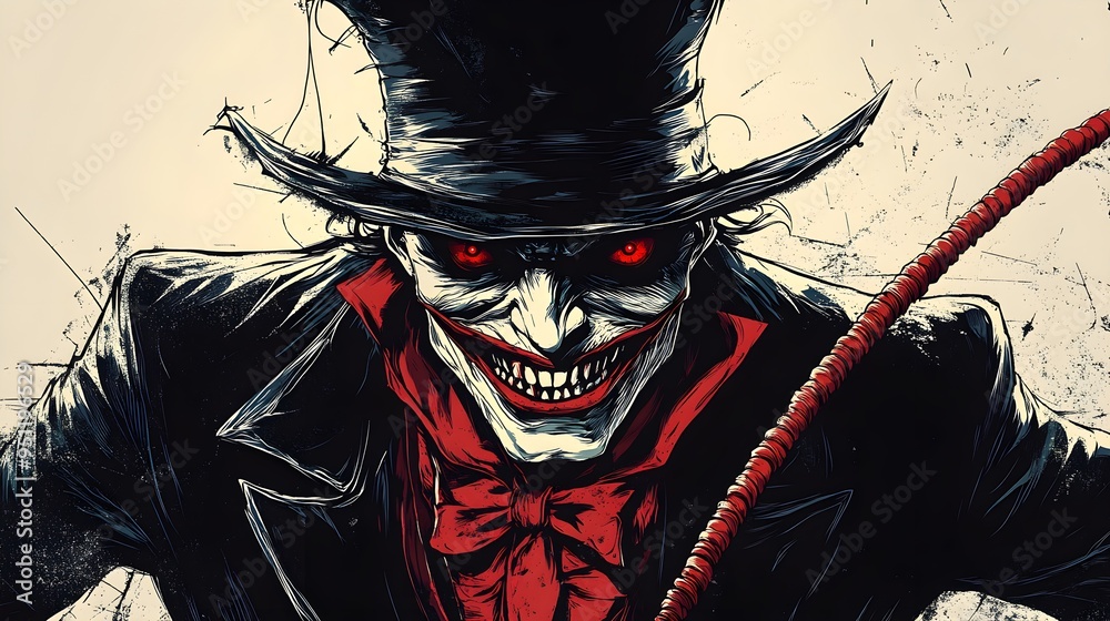 Dark ringmaster with a twisted whip and Halloween masks, evil grin ...