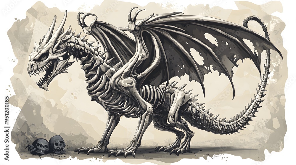 Skeletal dragon with sharp bone wings, decorated with spooky Halloween ...