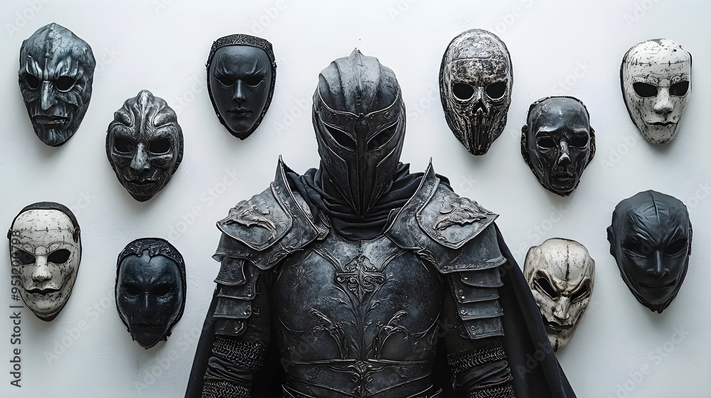 Spectral knight in ancient armor, surrounded by floating Halloween ...