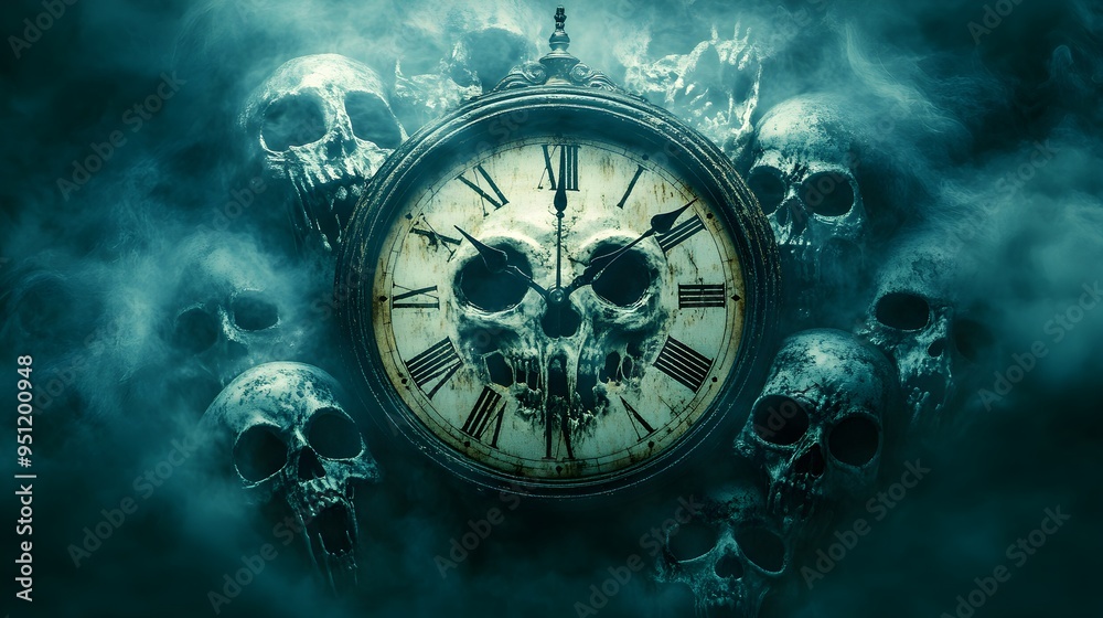 Spooky antique clock with ghostly moving hands, surrounded by Halloween ...