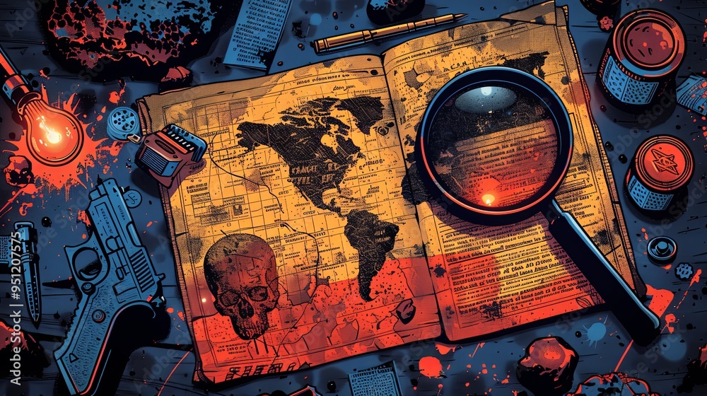 Crime investigation halftone collage. Retro elements like a top-secret file, DNA analysis, alibi ...