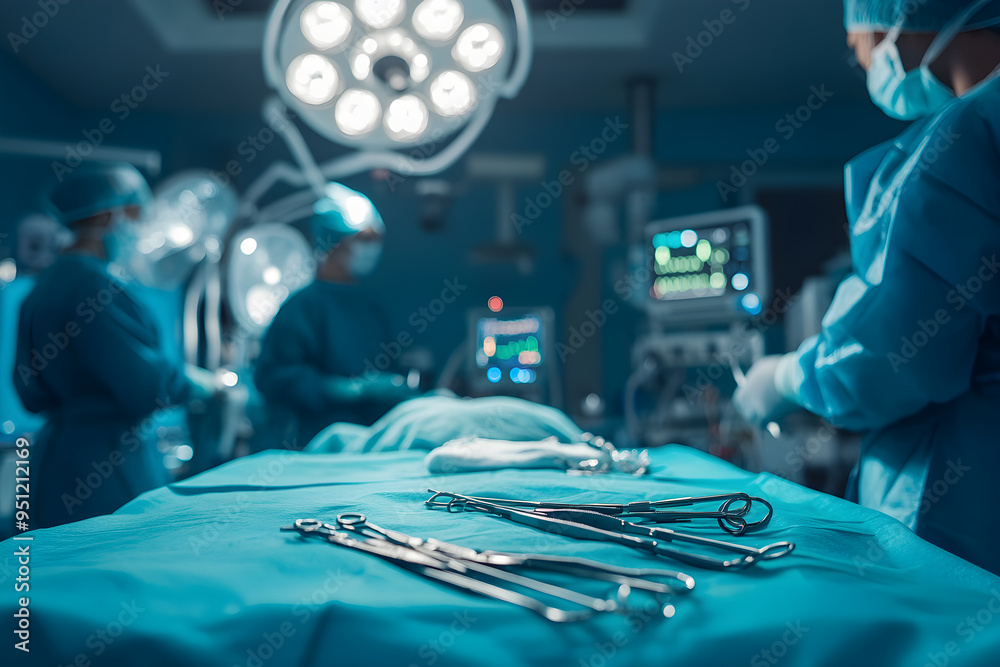 Surgical instruments prepared on a table in a dimly lit operating room ...