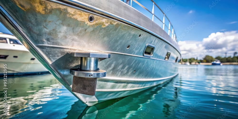 Zinc anode attached to a yacht's hull to prevent corrosion and damage ...