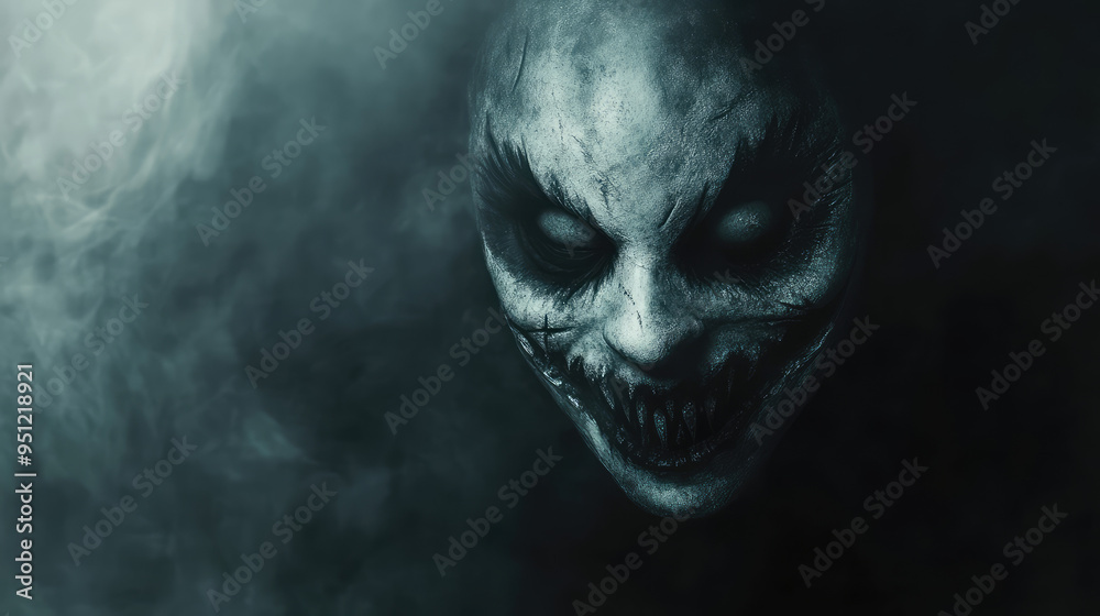 A chilling mask with elongated features, dark sunken eyes, and a ...