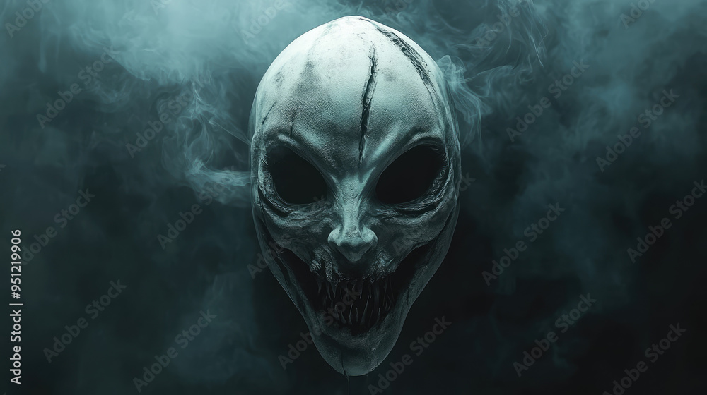 A creepy mask with elongated features, dark sunken eyes, and a twisted ...