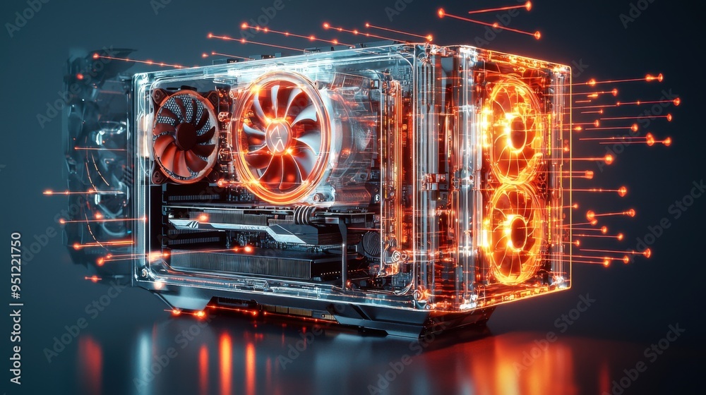 A dynamic view of a graphics card in an open PC case, highlighting its ...