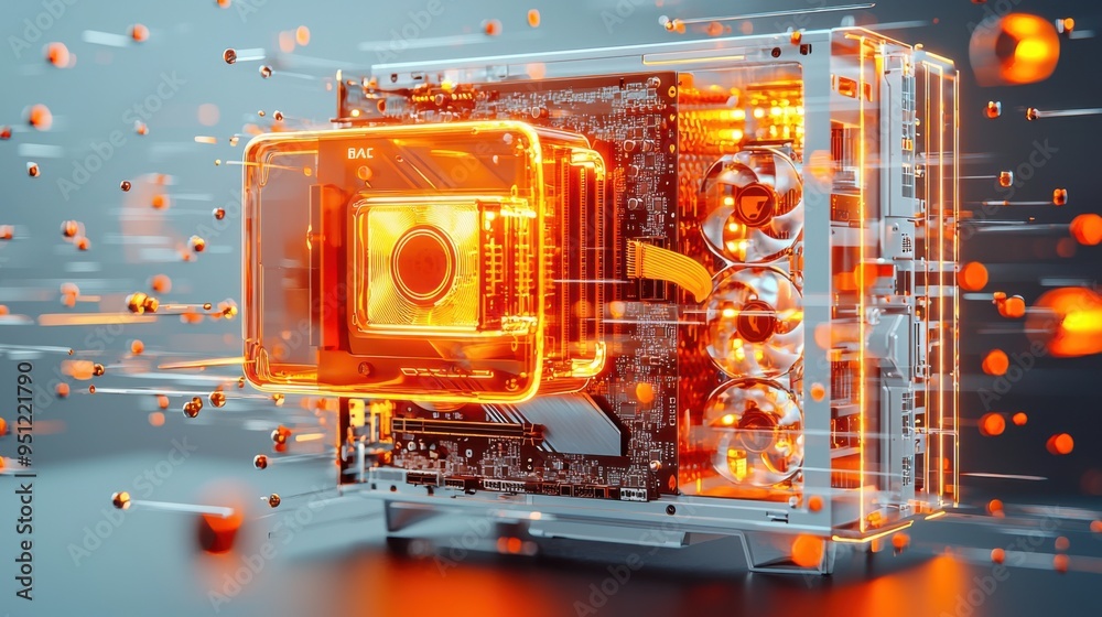 A dynamic view of a graphics card in an open PC case, highlighting its ...