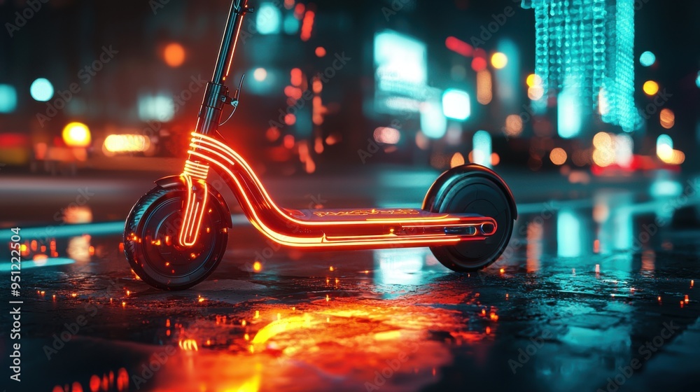 An advanced electric scooter with a body made of swirling neon trill ...