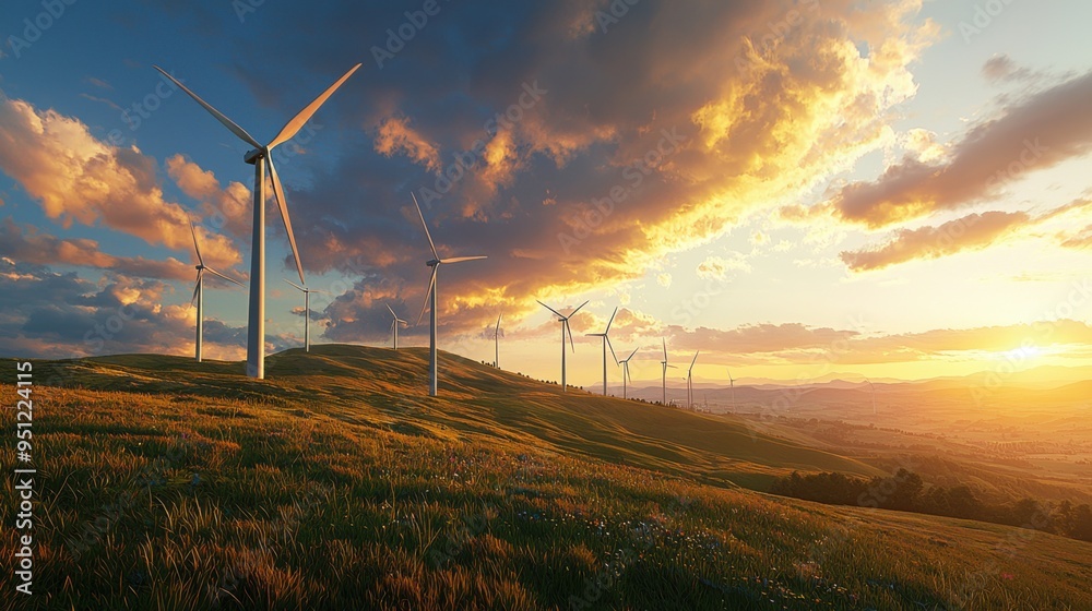 A hyper-realistic landscape showcasing a vast wind farm on a rolling ...