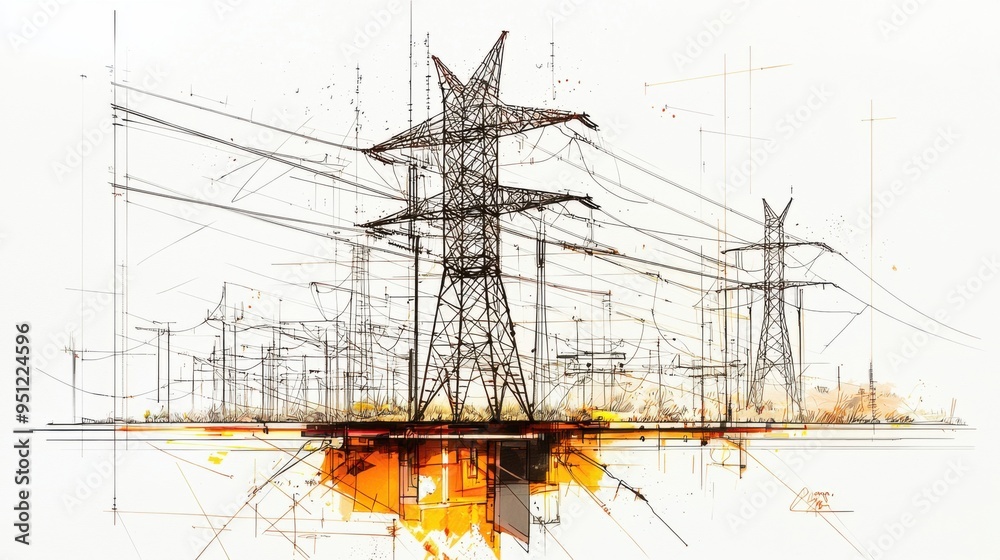 A detailed cross section of interstate power lines showing multiple ...