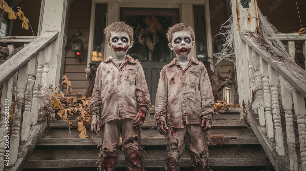 A pair of twins dressed in matching zombie costumes, with tattered ...