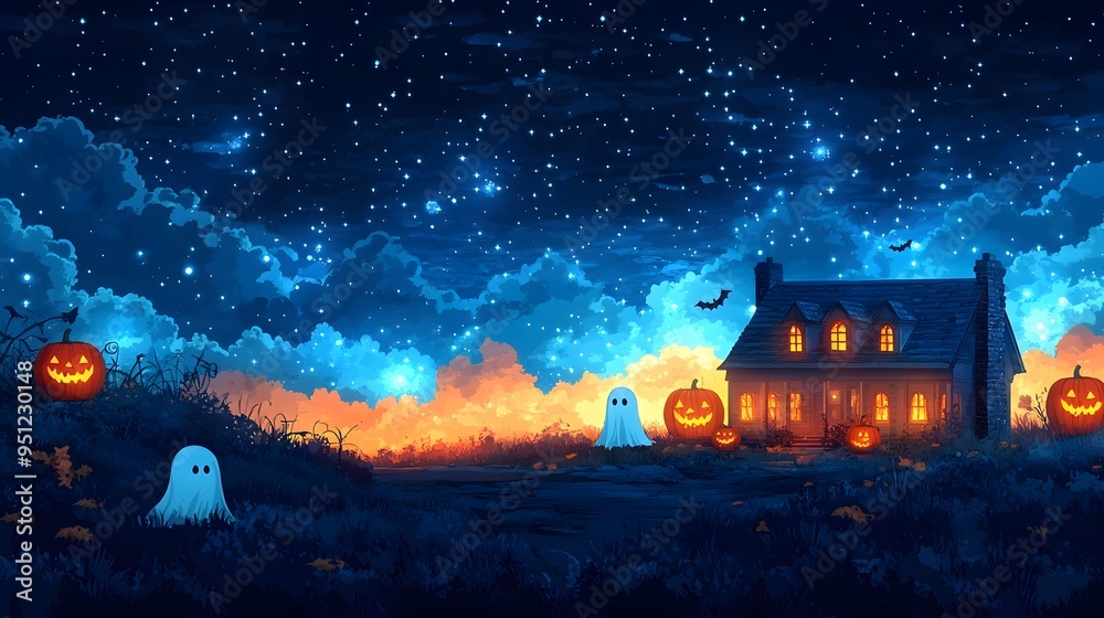 Animated Halloween Landscape: A flat vector scene featuring a haunted ...