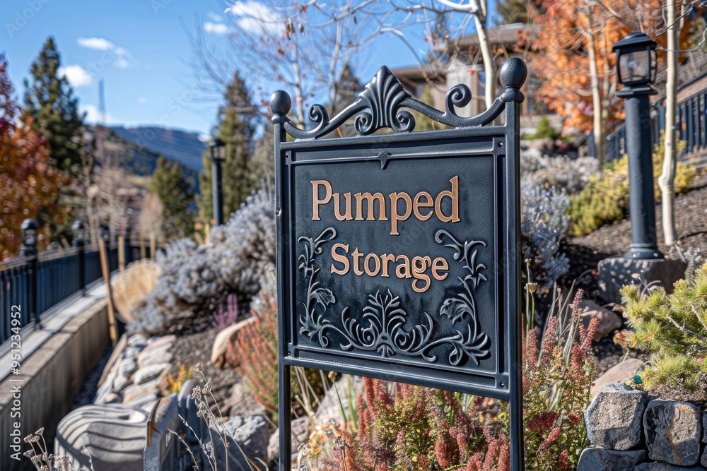 A decorative sign saying "Pumped Storage" in elegant script font ...
