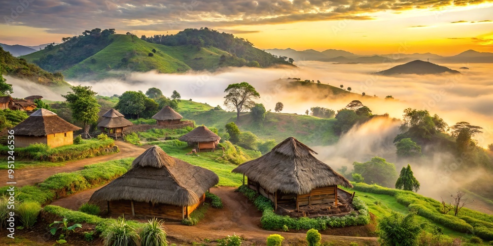 Misty rural landscapes of Guinea's Fouta Djallon highlands at dawn with ...