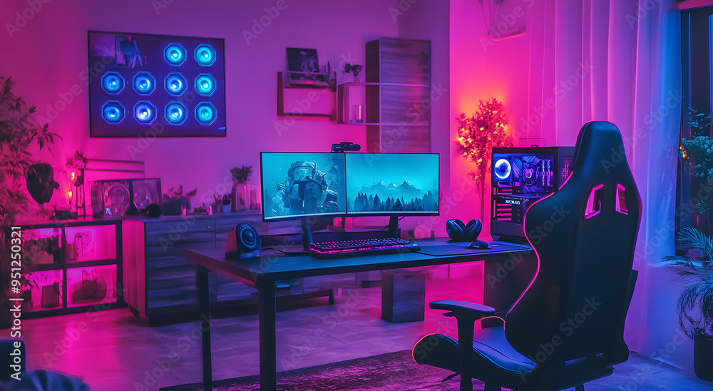 Gaming Room with Black Gaming Chair, Desk, and Monitor Stock ...