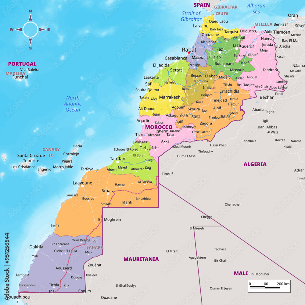 Morocco political map with capital , cities, towns, national borders ...