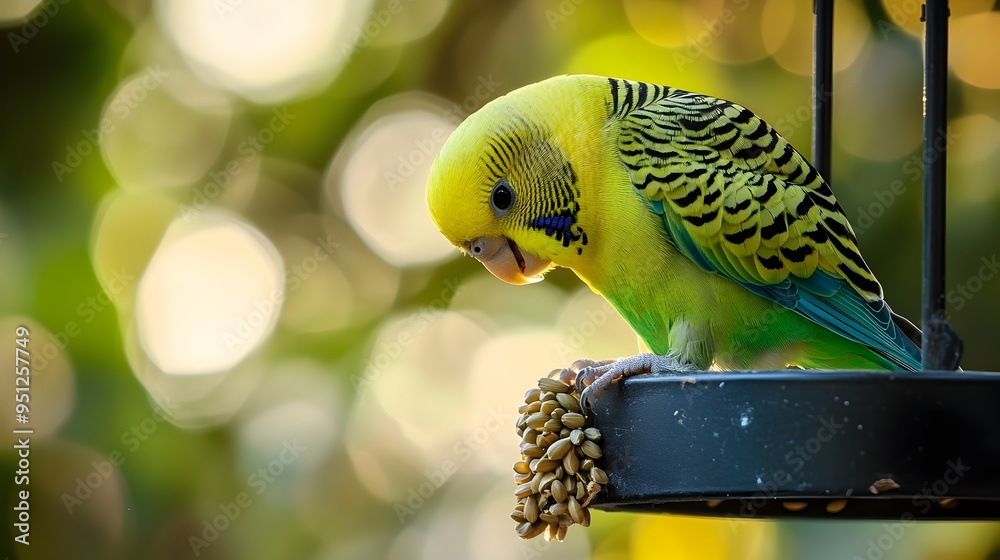 Close up image of a vibrant Budgerigar also known as a parakeet perched ...