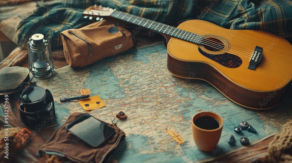 A road trip map with music notes and travel essentials, emphasizing the ...