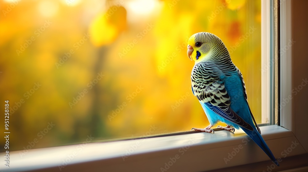 A colorful and captivating budgerigar also known as a parakeet perched ...