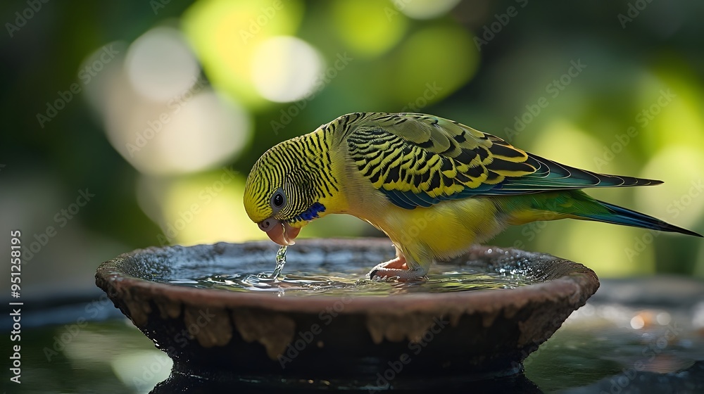 Closeup Portrait of a Captive Budgerigar Drinking Water from a Small ...