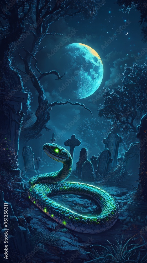 Dark and creepy Halloween scene with a bioluminescent snake slithering ...