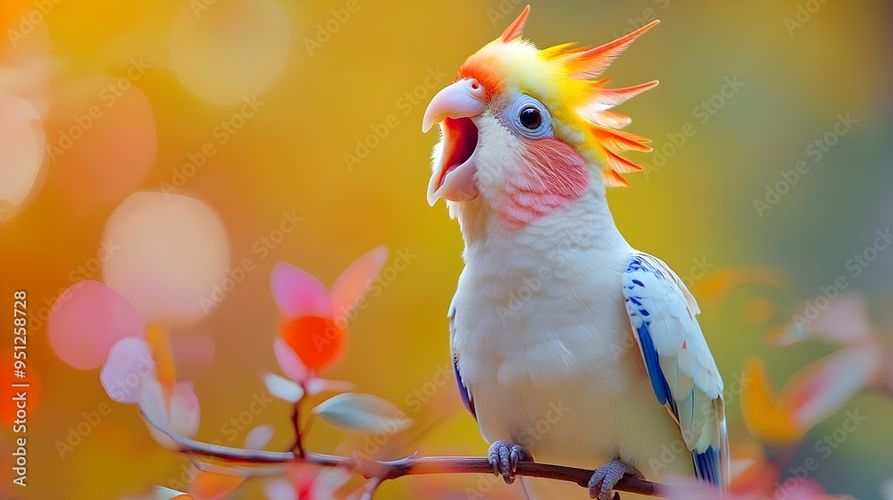 Striking photograph of a captivating cockatiel bird perched and singing ...
