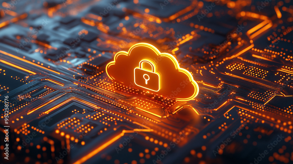 Abstract illustration of cloud security services, stylized cloud icon integrated with a secure ...