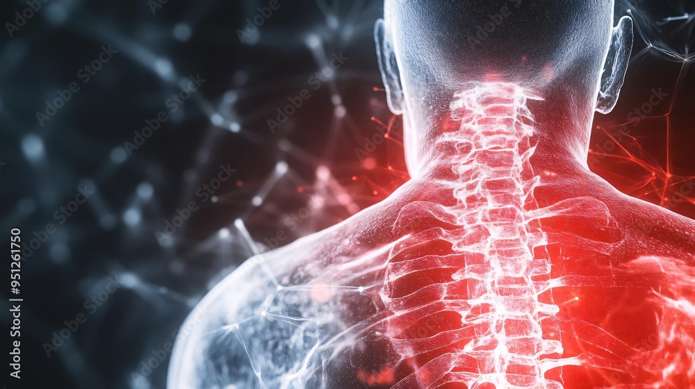 Illustration of a human spine highlighted in a digital format ...