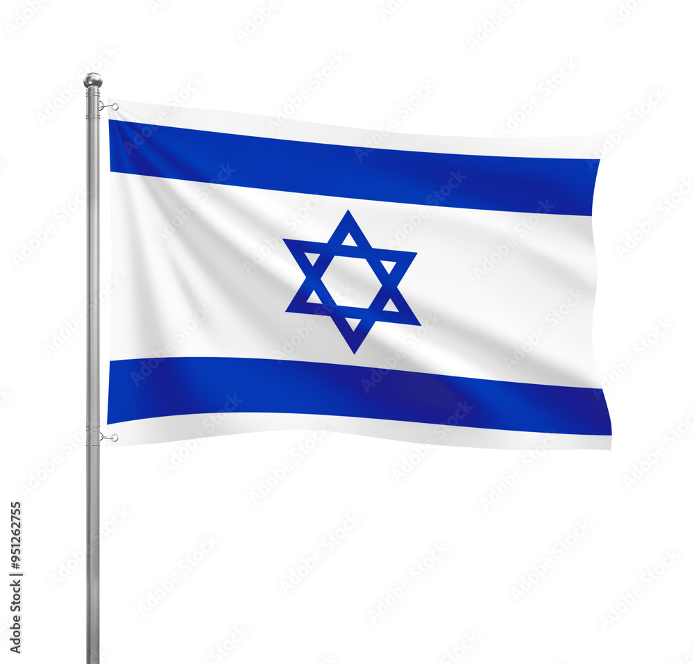 Israel flag waving in the wind on a silver pole, isolated on ...