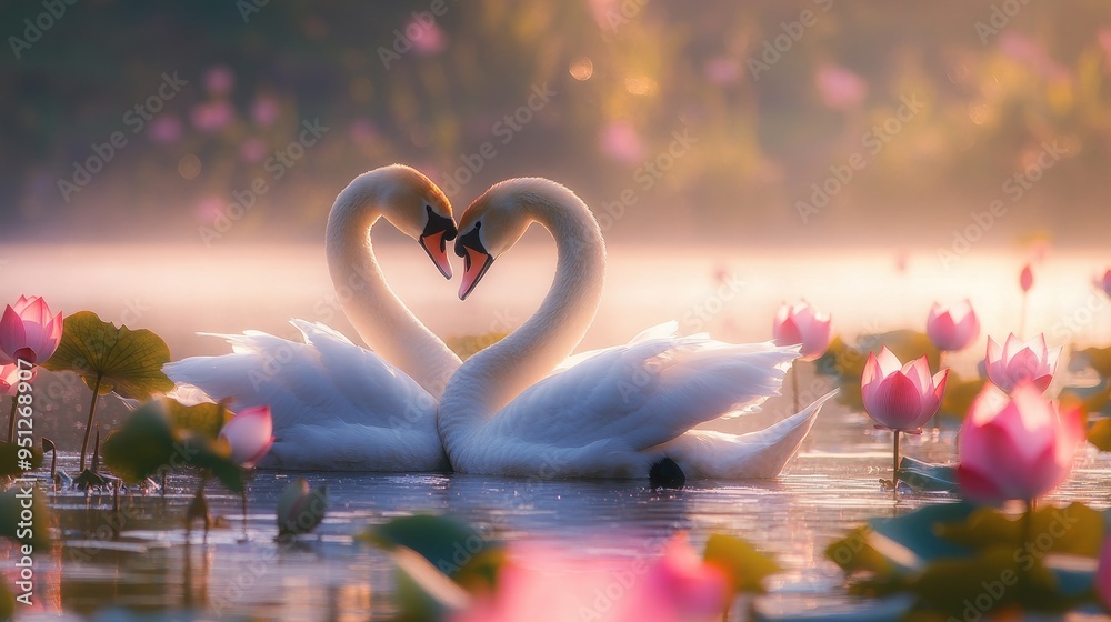 Dua ekor angsa dengan anggun melilitkan lehernya dalam pose romantis ...