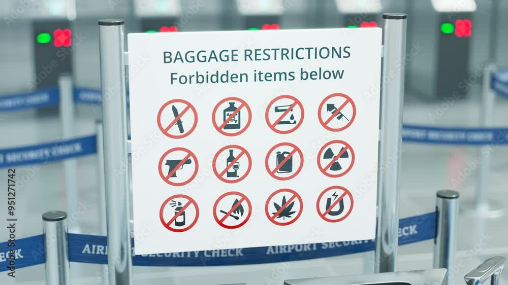 Zoomingin Animation Focusing On Baggage Restrictions Sign Security Airport Security Check Items ...