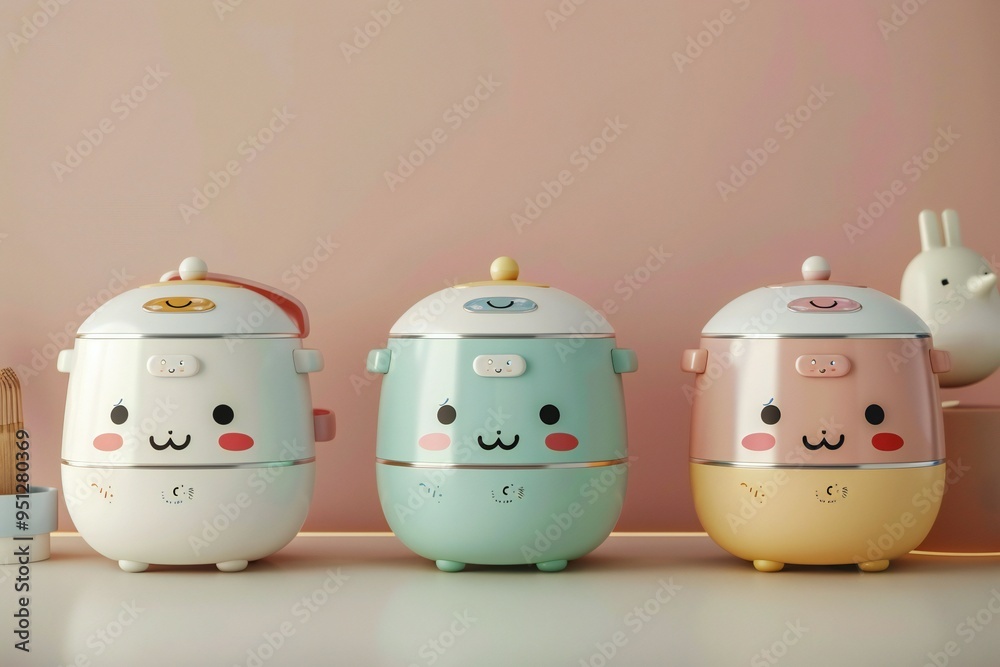 Cute cartoon style rice cookers, different designs, 3D render, created ...