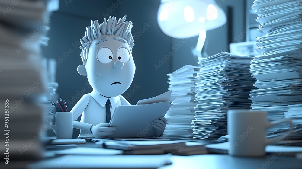 Cartoon Clay Characters Toiling Late in the Office with Stacks of ...