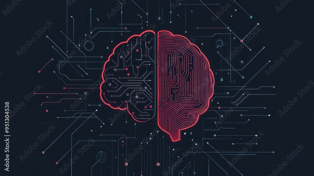 minimalist illustration of a human brain and a computer circuit ...