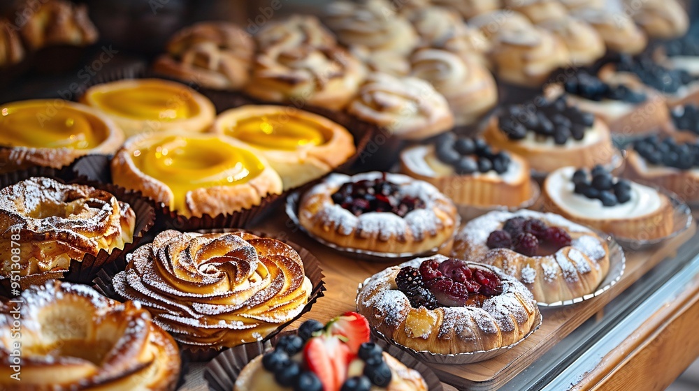 Classic Danish pastries on display in a bakery shop in the capital city ...