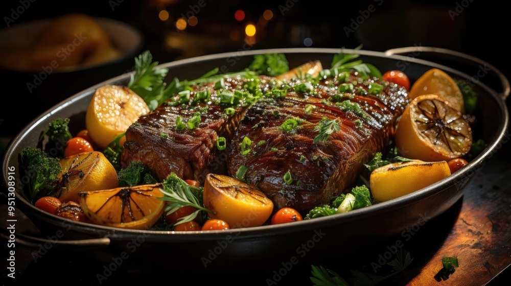 Tasty-looking dish of meat with steamed vegetables, possibly pork ribs ...