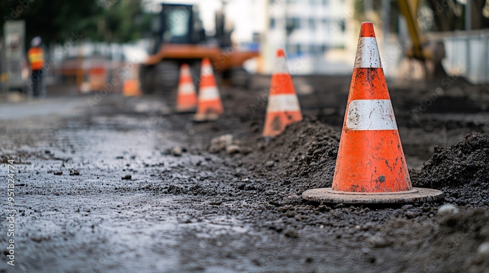 Construction site with safety lines and cones marking hazardous areas ...