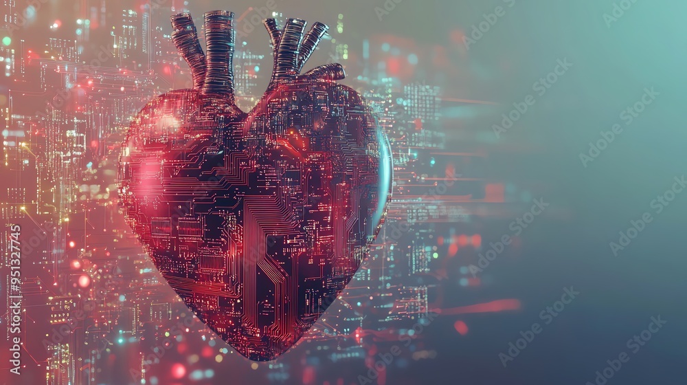 Double exposure art of a human heart with semiconductor circuits ...
