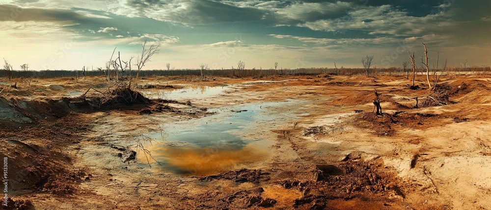 Ecological damage from gold mining featuring eroded soil, barren ...