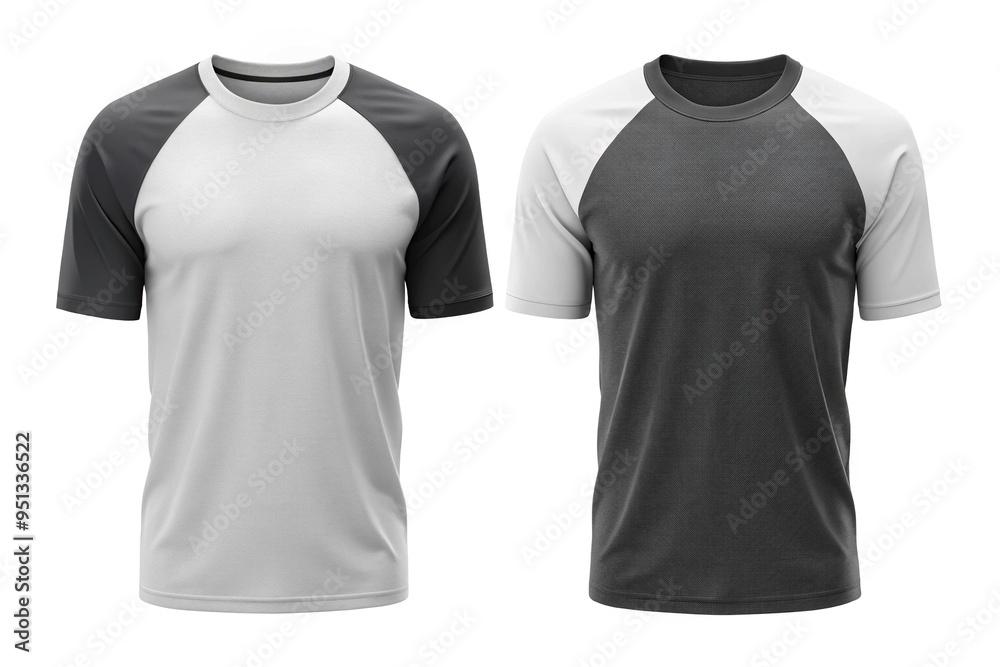 Blank white and dark gray raglan sleeve t-shirt template with a modern ...